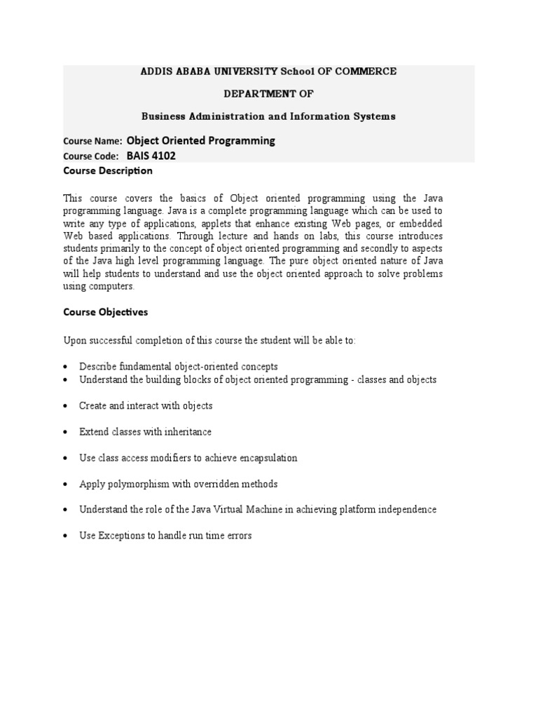 Oop Course Outline2 Pdf Object Oriented Programming Java Programming Language 7793