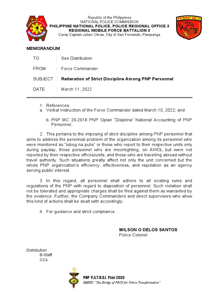 Memo. Reiteration of Strict Discipline Among PNP Personnel | PDF
