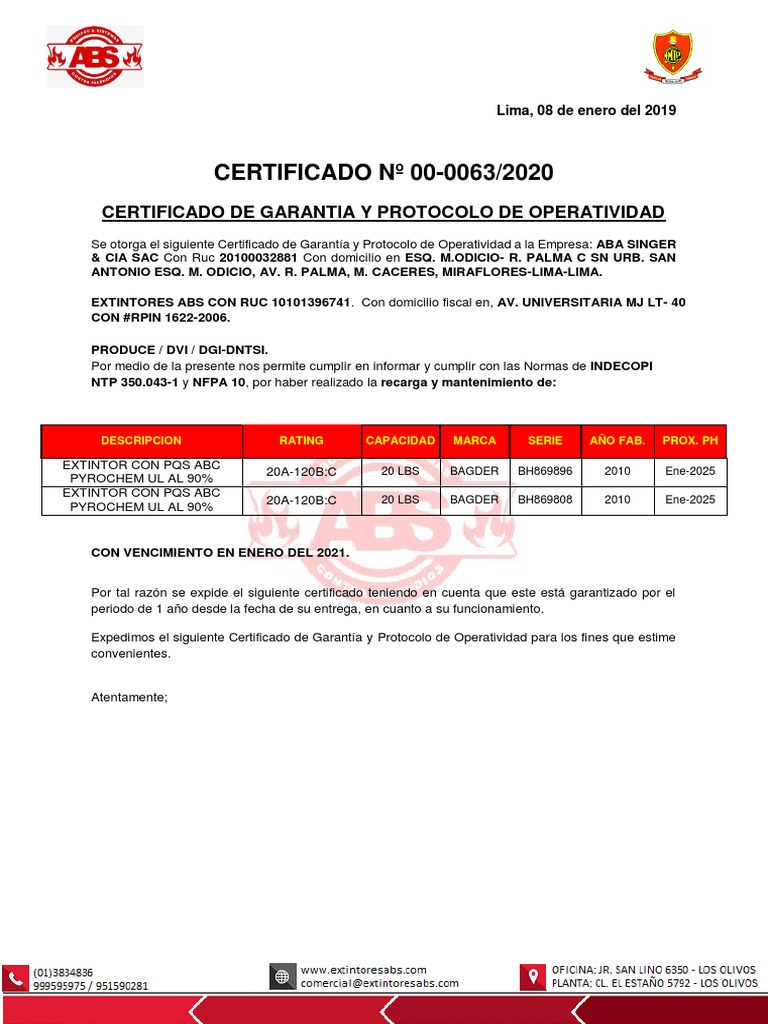 Certificado de Garantia y Operatividad 0063 - Aba Singer Caceres | PDF