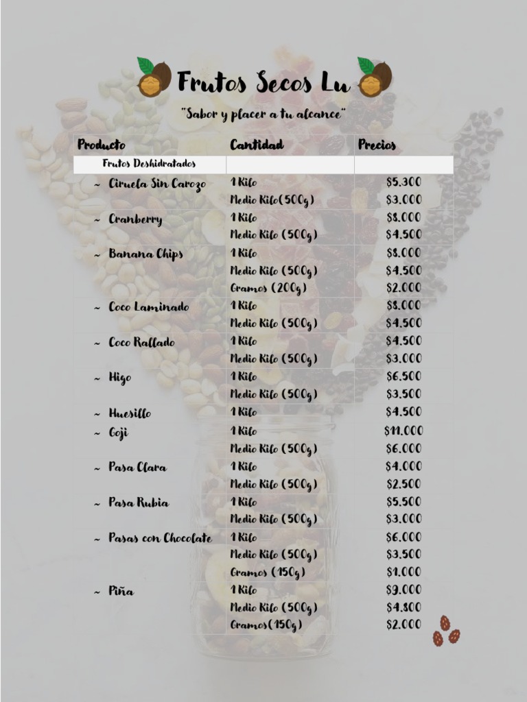Frutos Secos Lu - Lista de Precios N1 | PDF | Cocina vegana | Alimentos ...