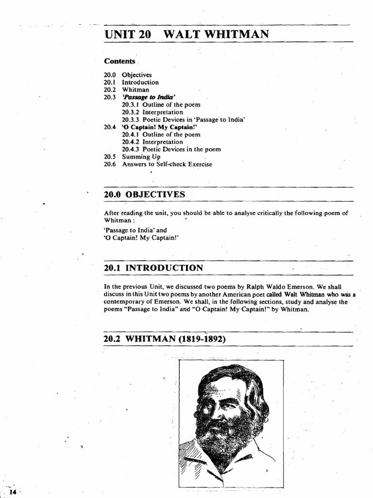 Unit 20 Walt Whitman: 20.0 Objectives | PDF | Poetry | Walt Whitman