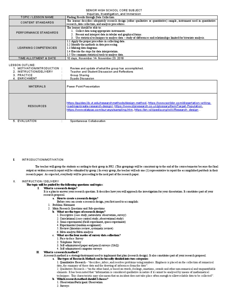 Inquiries, Immersion, and Investigation G12 | PDF | Sampling ...