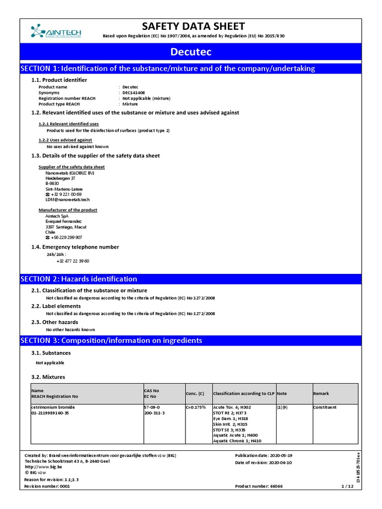 Safety Data Sheet: Decutec | PDF | Dangerous Goods | Toxicity