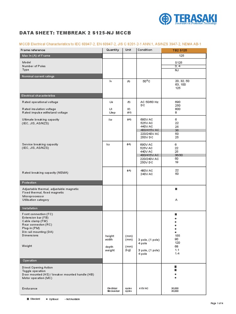 Data Sheet: Tembreak 2 S125-Nj MCCB | PDF | Alternating Current ...