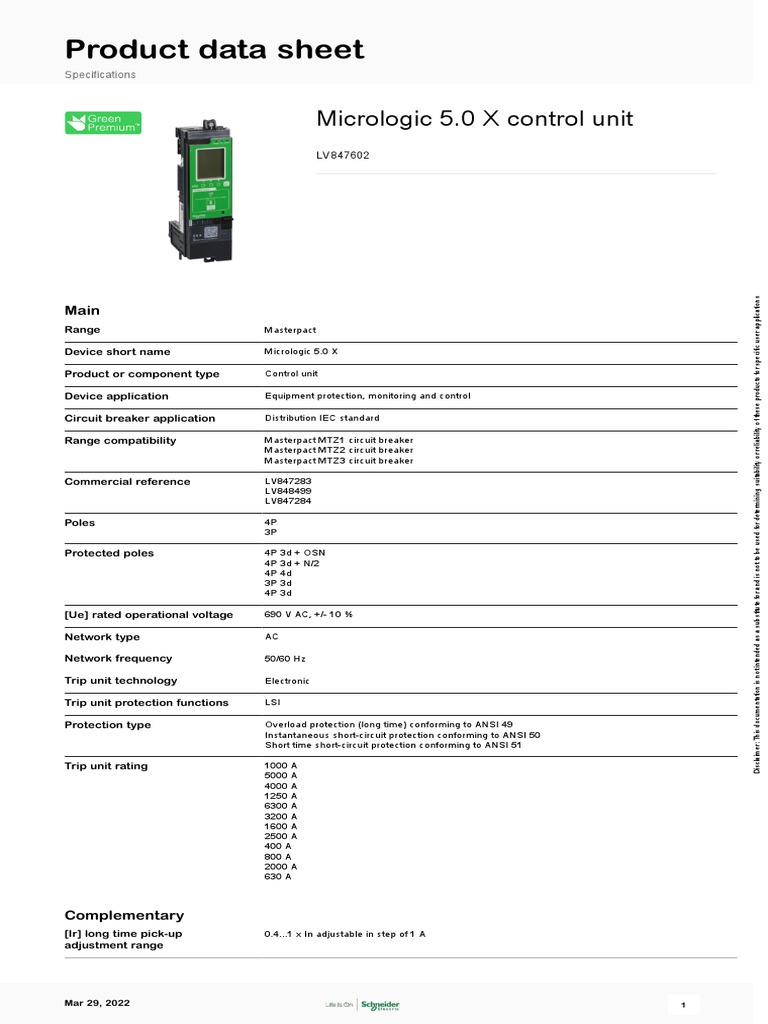 Product Data Sheet: Micrologic 5.0 X Control Unit | PDF | Ac Power ...