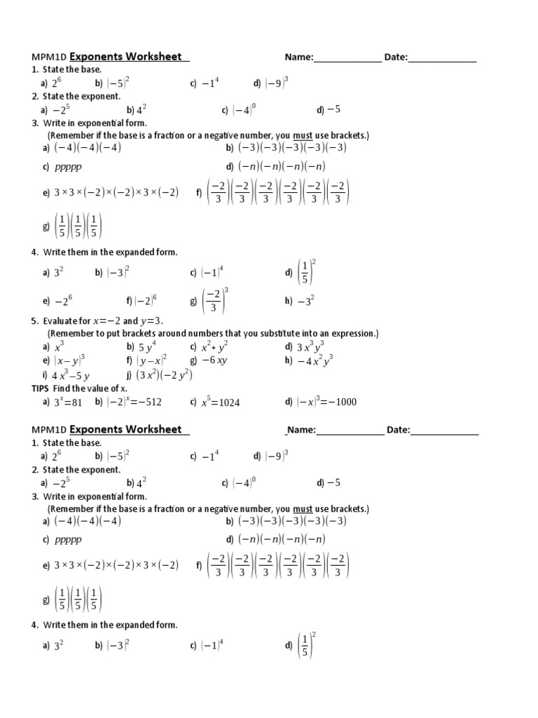Exponents Worksheet: Mpm1D ( 5) ( 9) ( 4) | PDF | Exponentiation ...