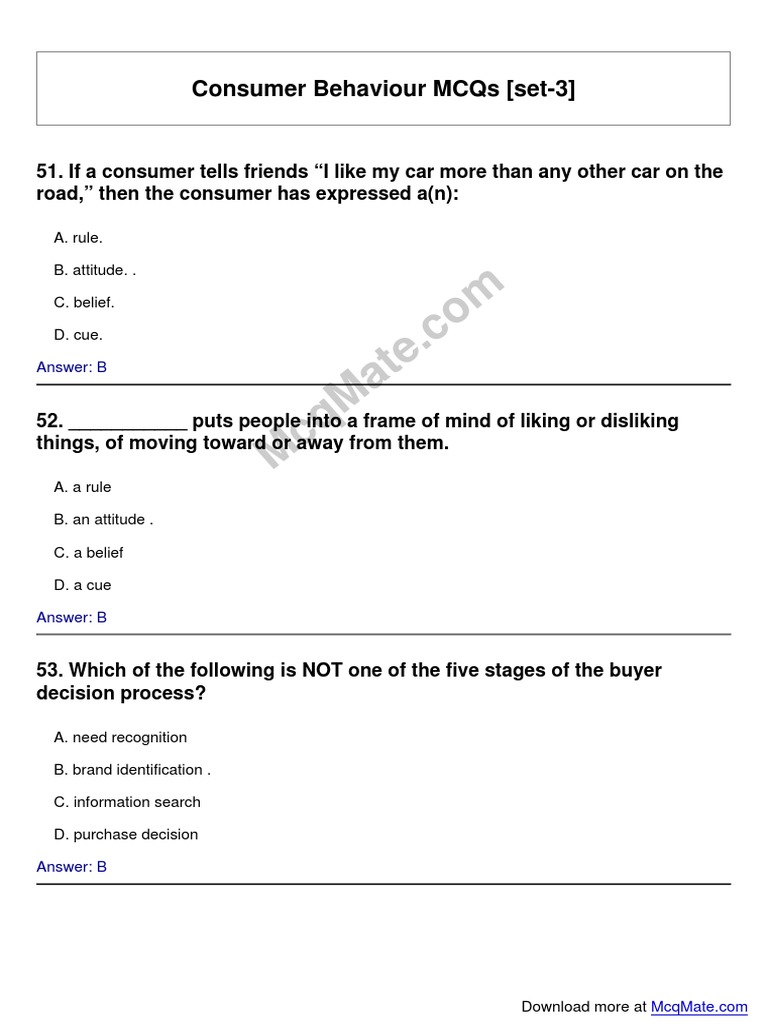 Consumer Behaviour Solved MCQs (Set-3) | PDF | Behavior | Consumer Behaviour
