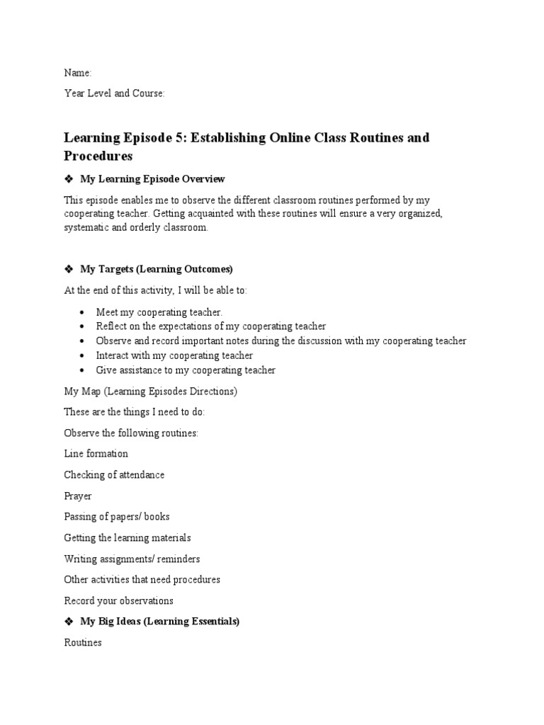 Learning Episode 5: Establishing Online Class Routines and Procedures ...