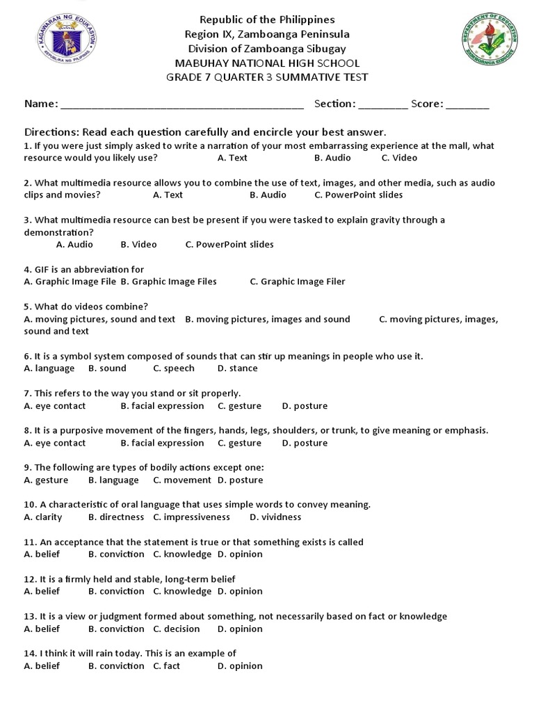 Grade 7 Summative Test on Multimedia and Language | PDF | Multimedia ...