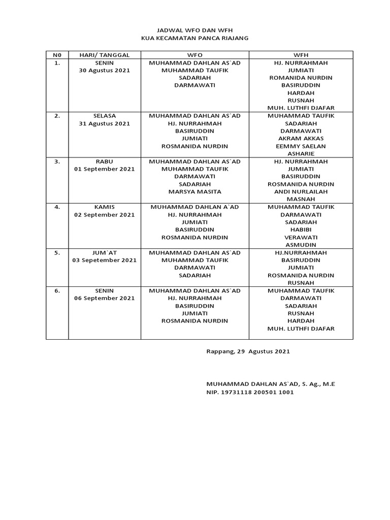 Jadwal WFH 2021 | PDF