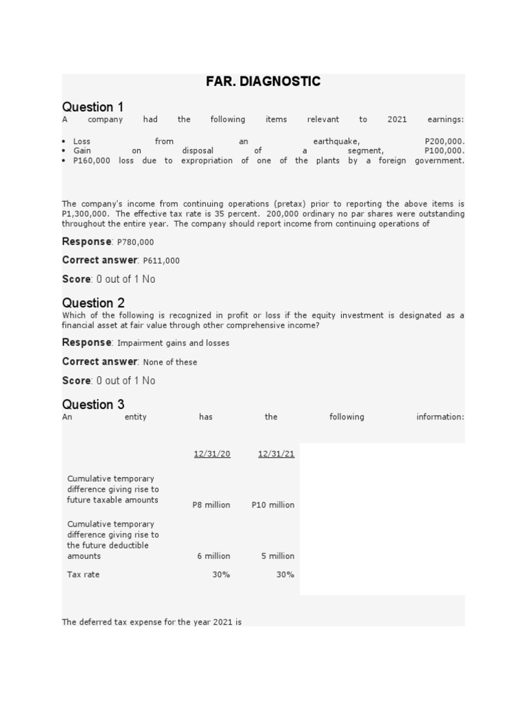 Far. Diagnostic: Response: Correct Answer: Score: 0 Out of 1 No | PDF ...