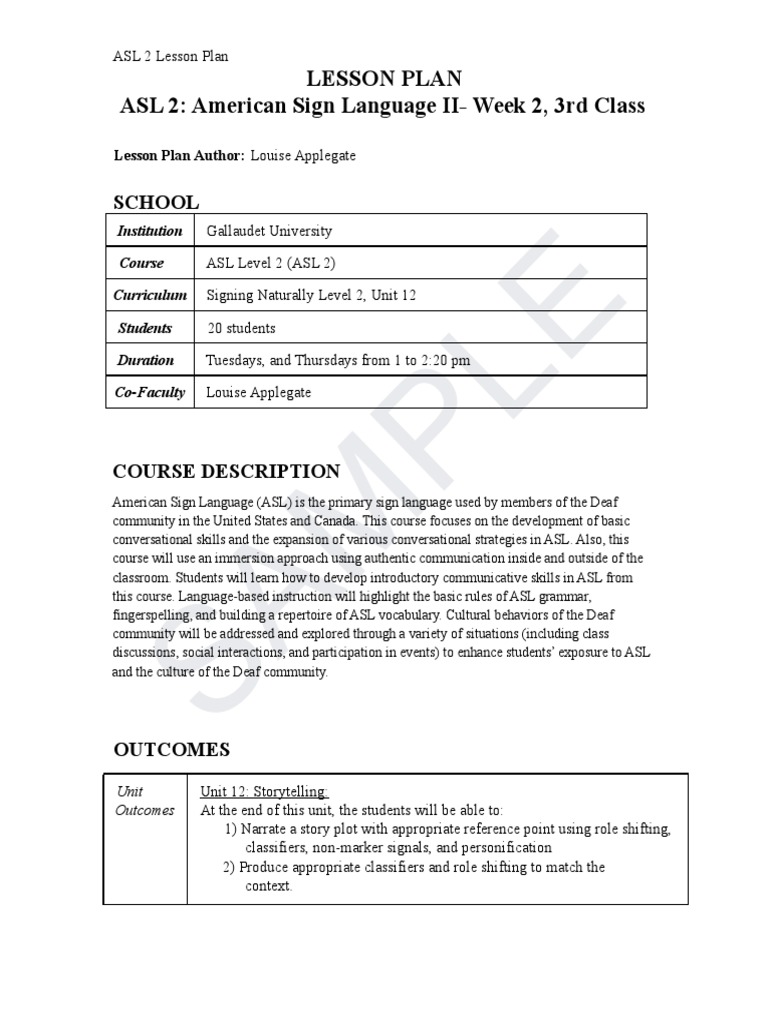 Sample: Lesson Plan ASL 2: American Sign Language II-Week 2, 3rd Class ...