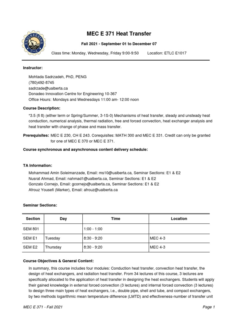 MEC E 371 Syllabus | PDF | Heat Transfer | Academic Dishonesty