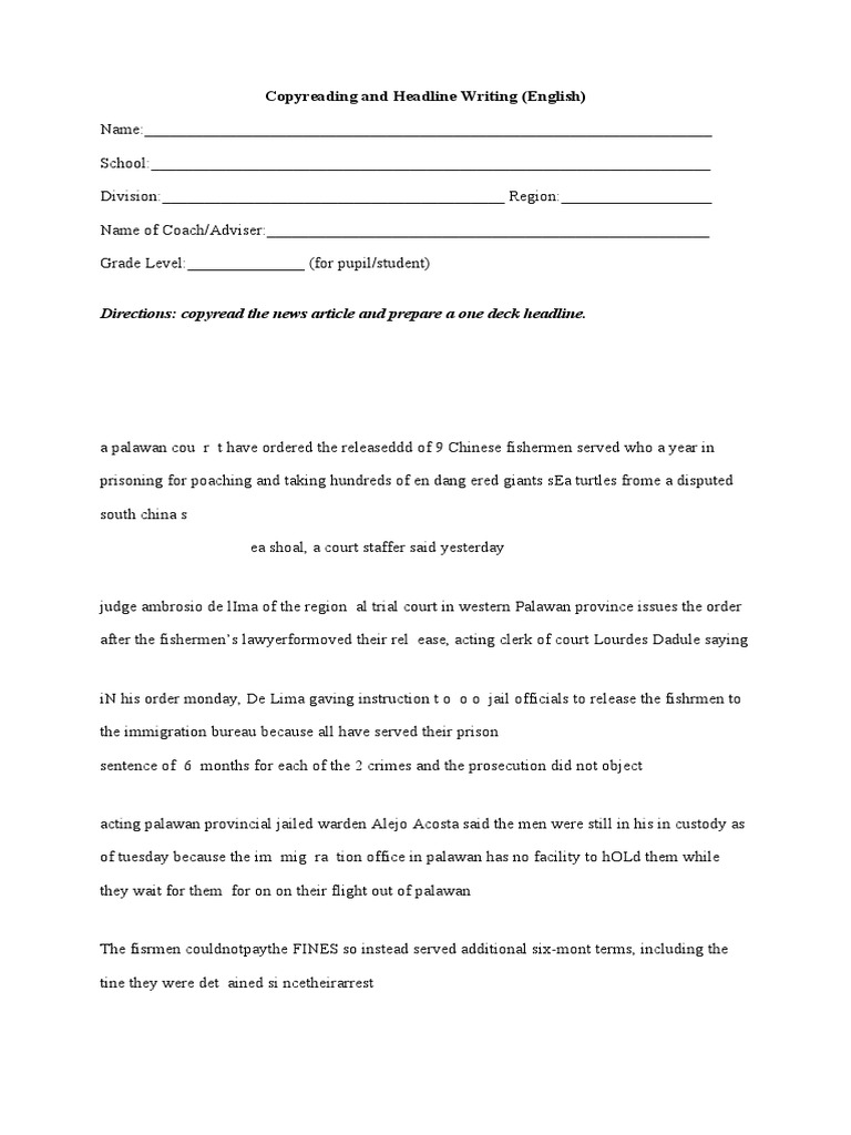 Copyreading and Headline Writing English | PDF