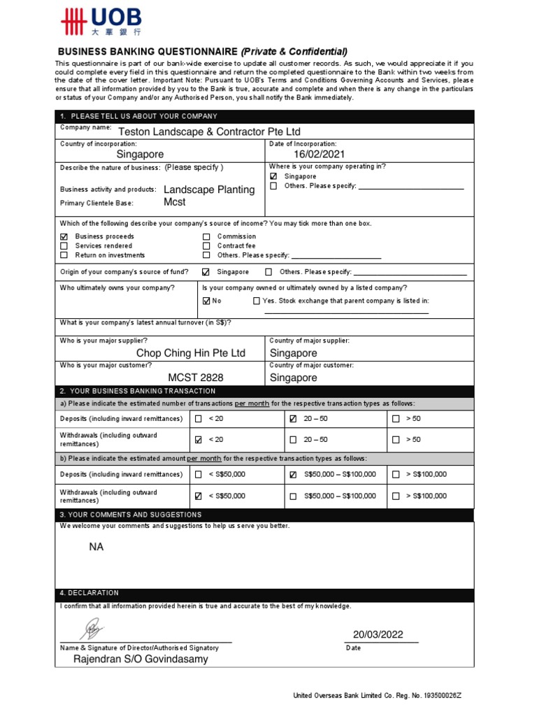 UOB Business Banking Questionnaire | PDF | Banks | Economies