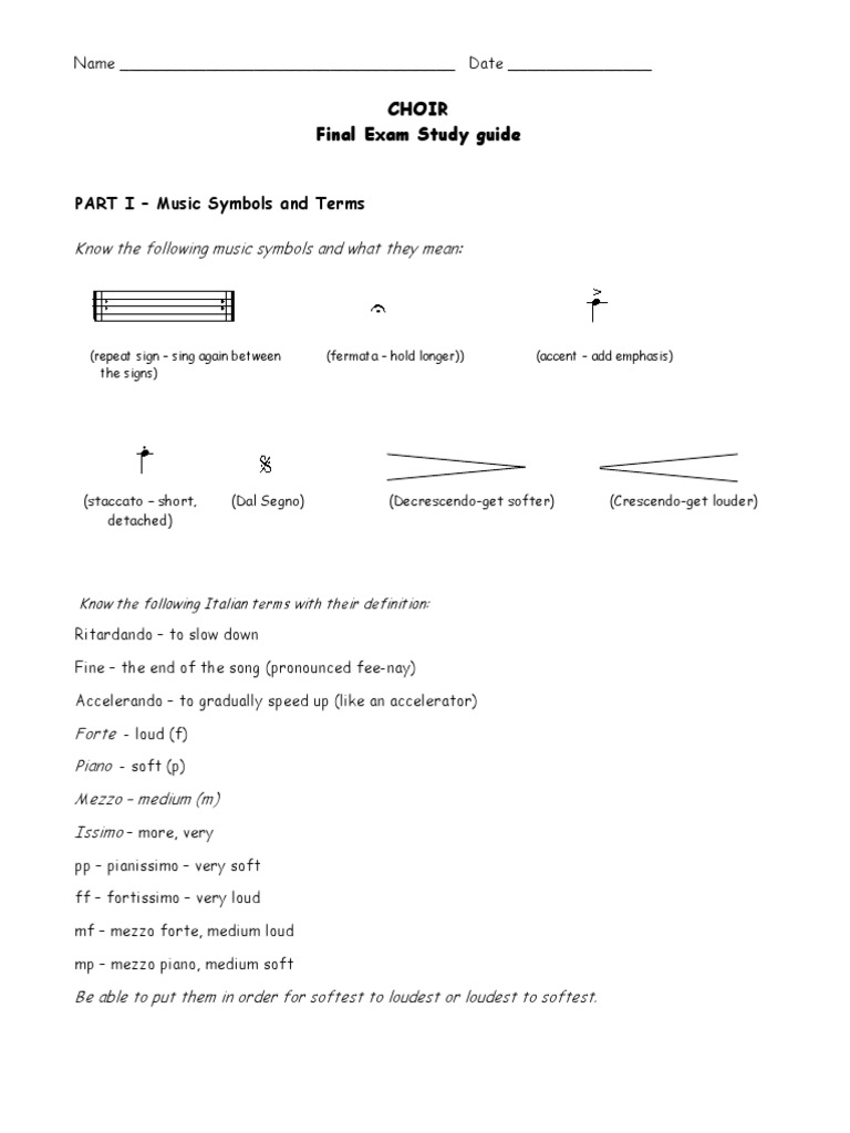 Choir Final Exam Study Guide: PART I - Music Symbols and Terms Know The ...