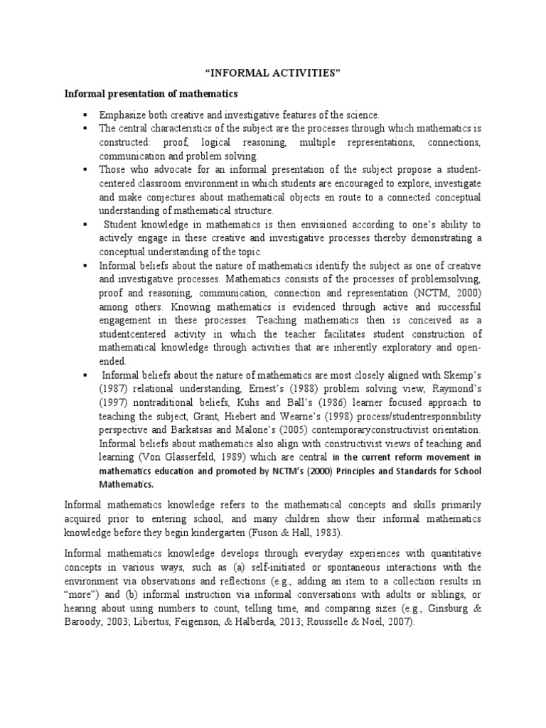 "Informal Activities" Informal Presentation of Mathematics | PDF ...