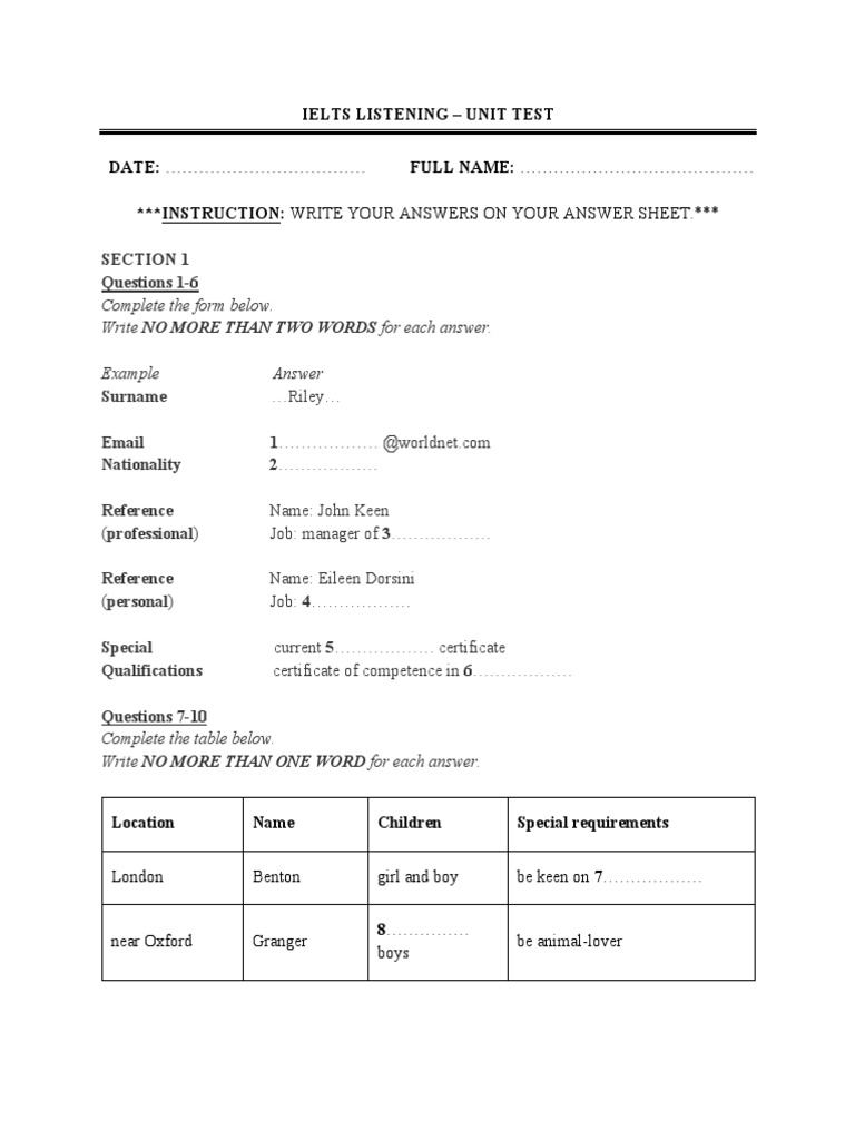 Ielts Listening - Unit Test DATE: FULL NAME: Instruction: Write Your ...