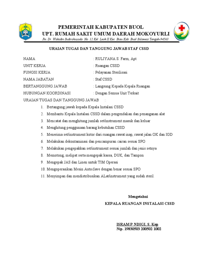 Uraian Tugas CSSD | PDF