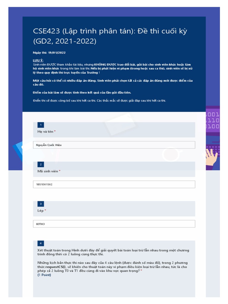 CSE423 (Lập Trình Phân Tán) - Đề Thi Cuối Kỳ (GD2, 2021-2022) | PDF