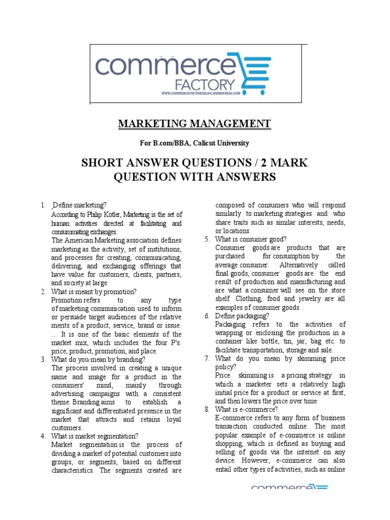 Short Answer Questions / 2 Mark Question With Answers: Marketing ...