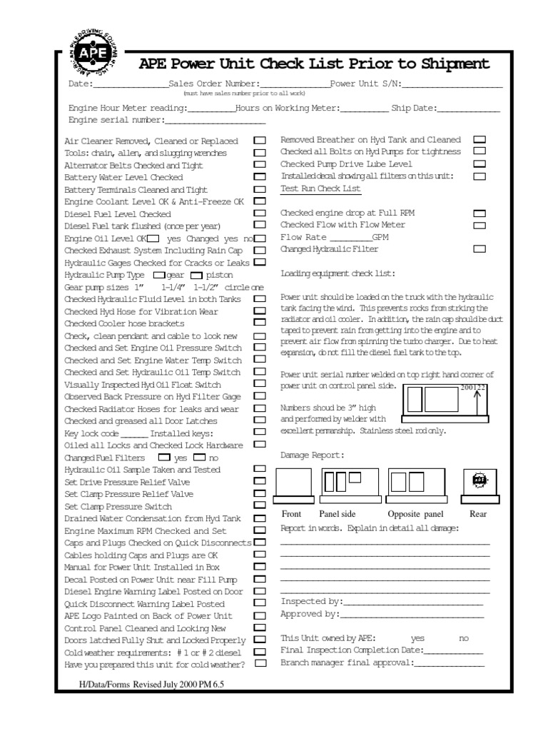 APE Hydraulic Power Unit Checklist | PDF | Pump | Engines