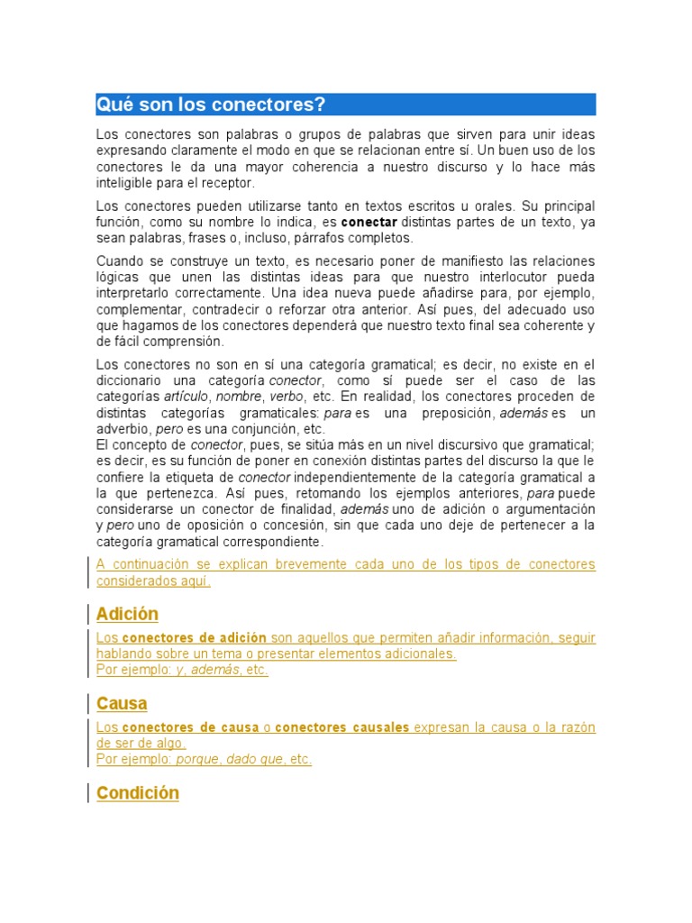 Definición y tipos de conectores | PDF | Parte del discurso | Ciencia ...