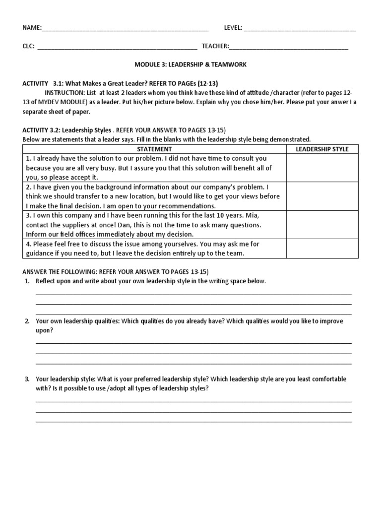 Mydev Module 3 Answer Sheet | PDF | Leadership | Learning