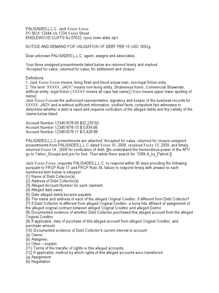 Accepted For Value Example Letter | PDF | Assignment (Law) | Debt