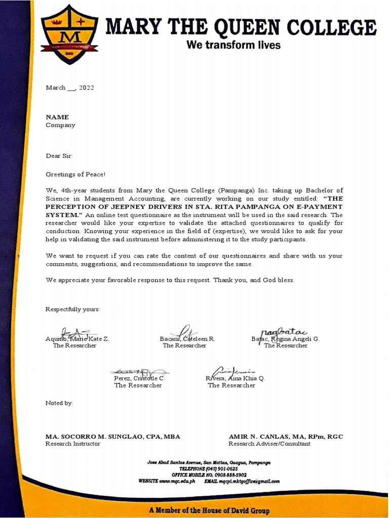 Validation Letter For Questionnaire | PDF