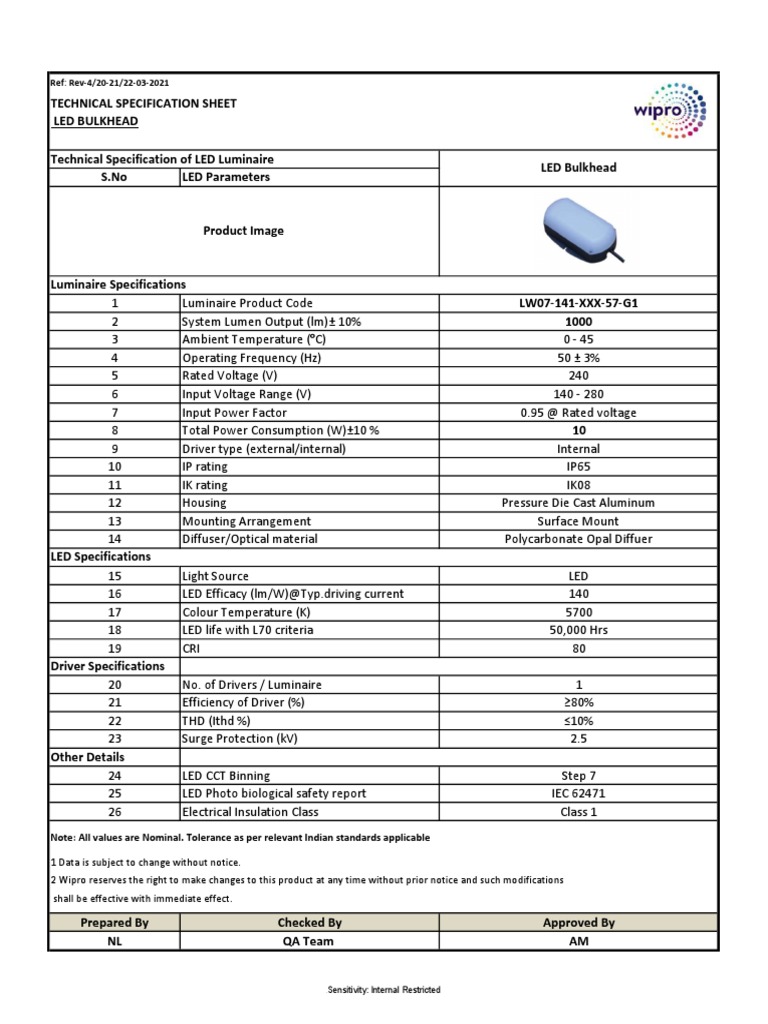 Technical Datasheet Wipro Bulkhead | PDF | Electrical Engineering ...