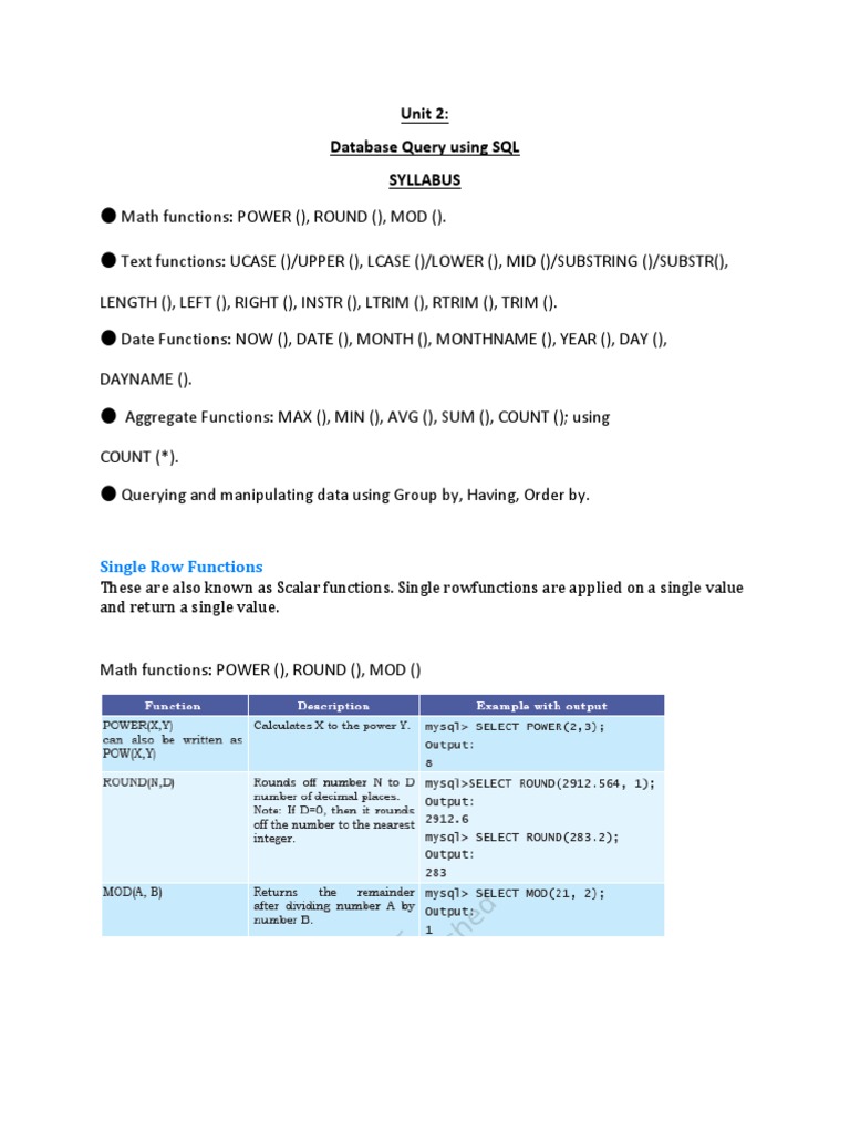 Unit 2 Database Query Using Sql Syllabus Single Row Functions Pdf 6485