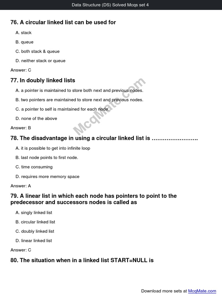 Data Structure (DS) Solved Mcqs Set 4 | PDF | Queue (Abstract Data Type) | Pointer (Computer ...