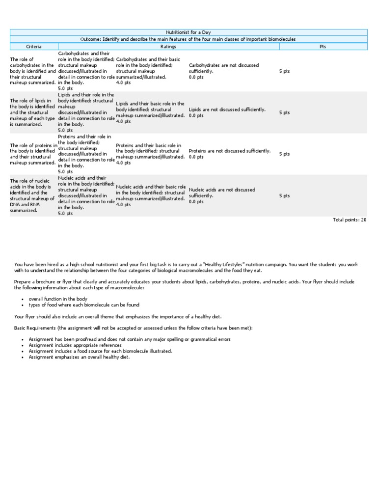 Nutritionist For A Day-Rubric | Download Free PDF | Biomolecules ...