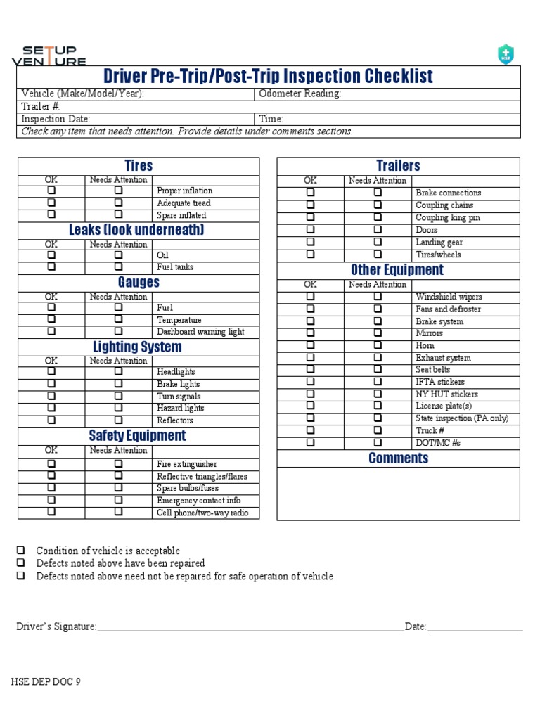 Driver Pre-Trip/Post-Trip Inspection Checklist: Tires Trailers | PDF ...