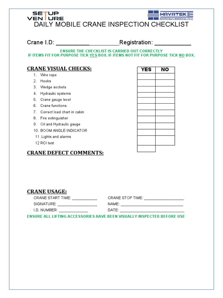 MOBILE CRANE DAILY CHECKLIST Havatek SV | PDF | Crane (Machine ...