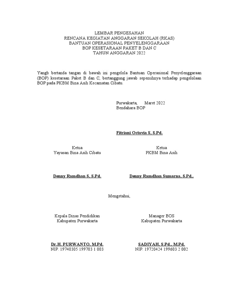 Lembar Pengesahan Bop 2022 | PDF