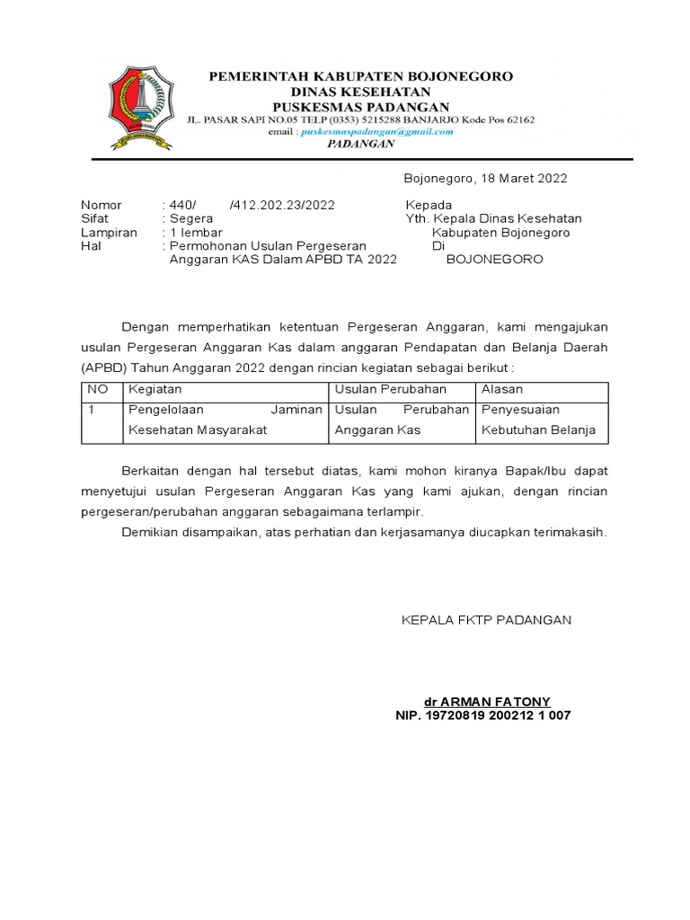 Surat Permohonan Pergeseran Anggaran Kas | PDF