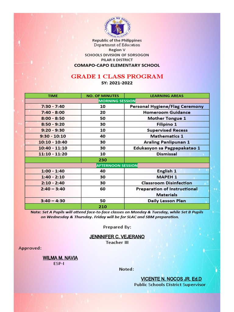 Grade 1 Class Program: Time No. of Minutes Learning Areas | Download ...