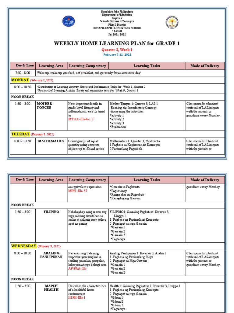 Weekly Home Learning Plan For Grade 1: Quarter 3, Week 1 | PDF ...