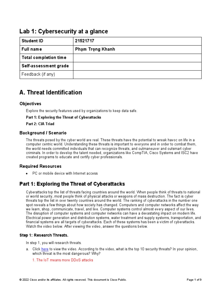 Lab 1 - Cybersecurity at A Glance | PDF | Malware | Information Security