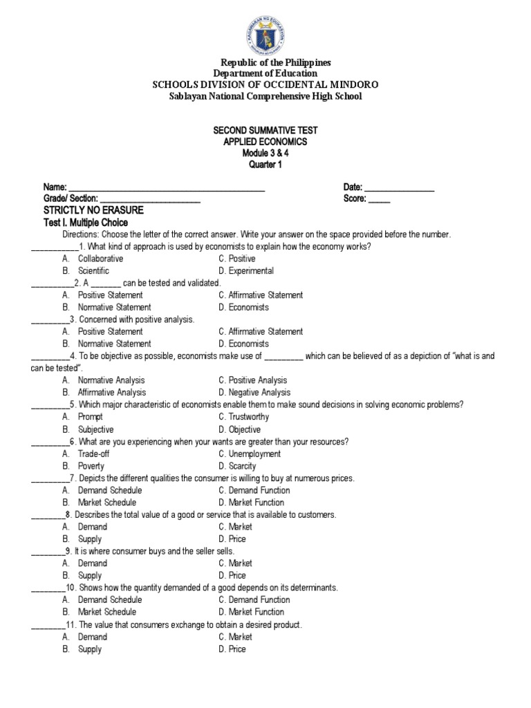 Strictly No Erasure Test I. Multiple Choice | PDF | Economic ...