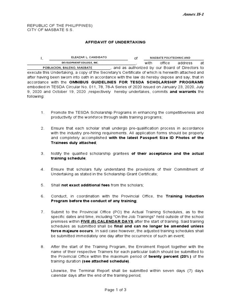 Annex H-1 Affidavit of Undertaking | PDF | Audit | Regulatory Compliance