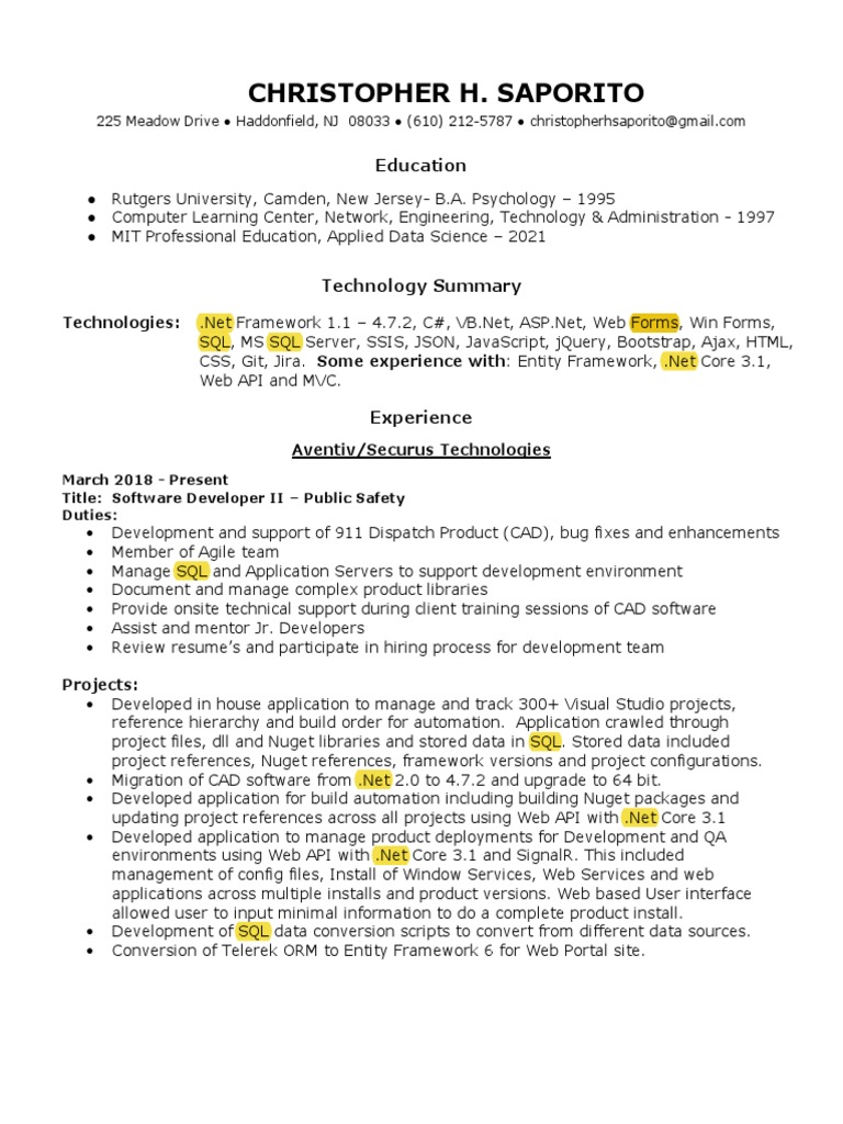 Christopher Saporito: Software Developer Profile | PDF | Web ...