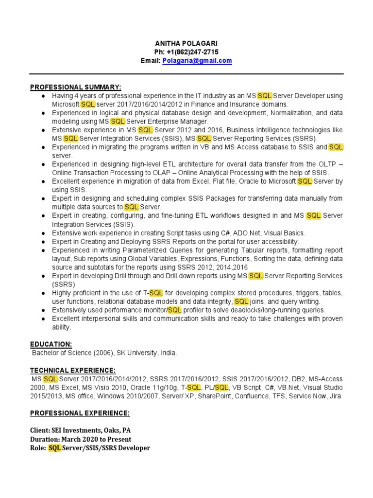 SQL Server & SSIS Developer Profile | PDF | Microsoft Sql Server ...