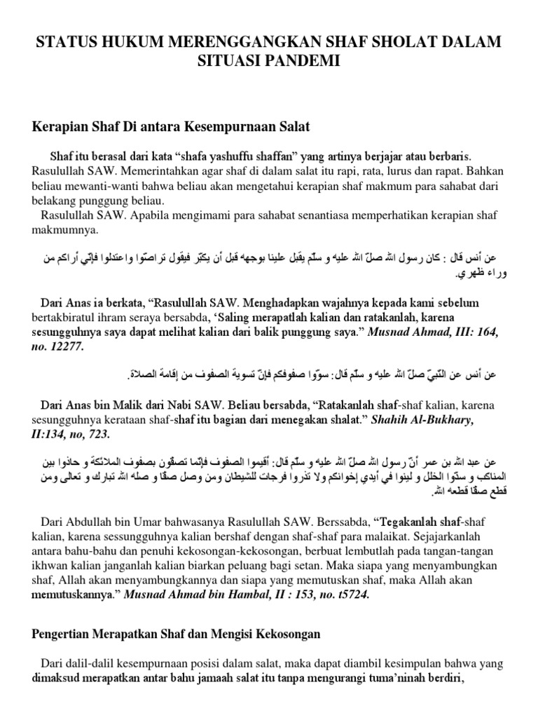 Status Hukum Merenggangkan Shaf Sholat Dalam Situasi Pandemi | PDF