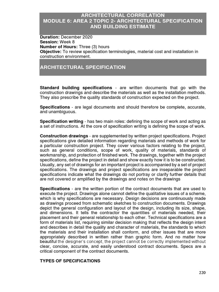Architectural Specifications Overview | PDF | Specification (Technical ...