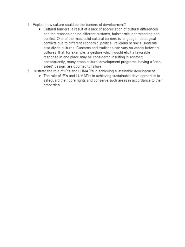 Explain How Culture Could Be The Barriers of Development | PDF