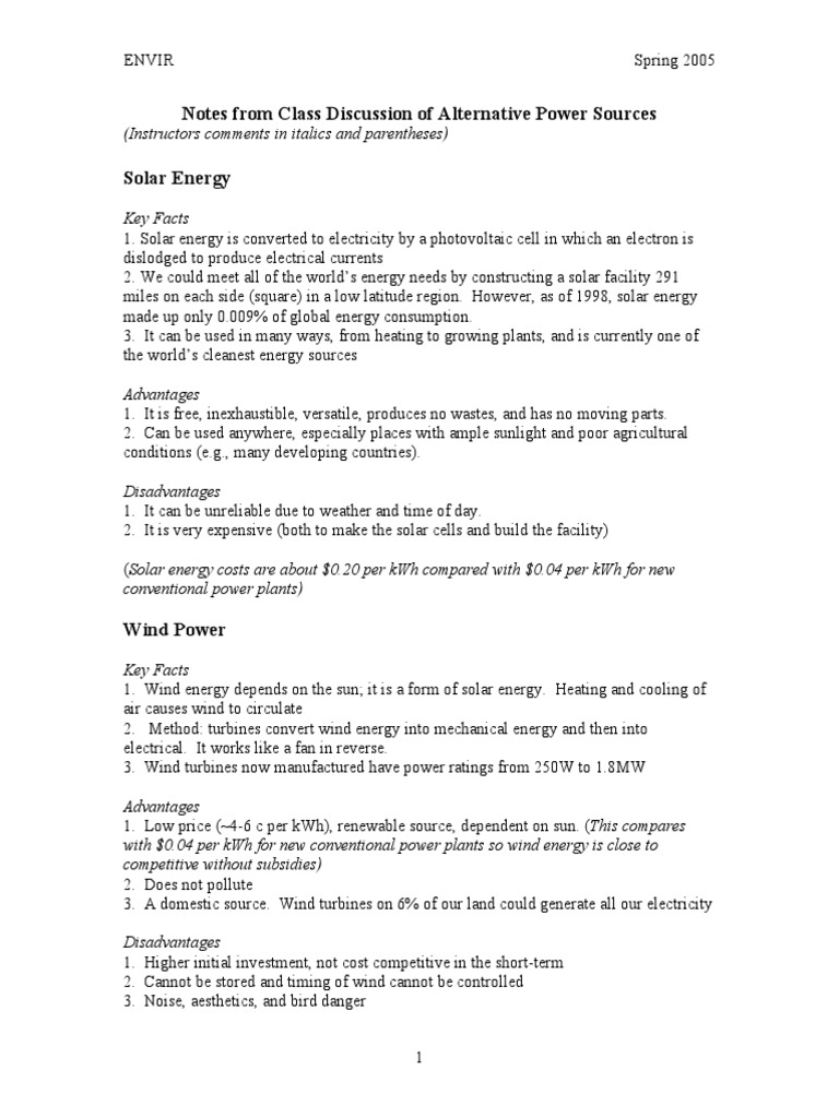 Notes From Class Discussion of Alternative Power Sources | PDF | Solar ...