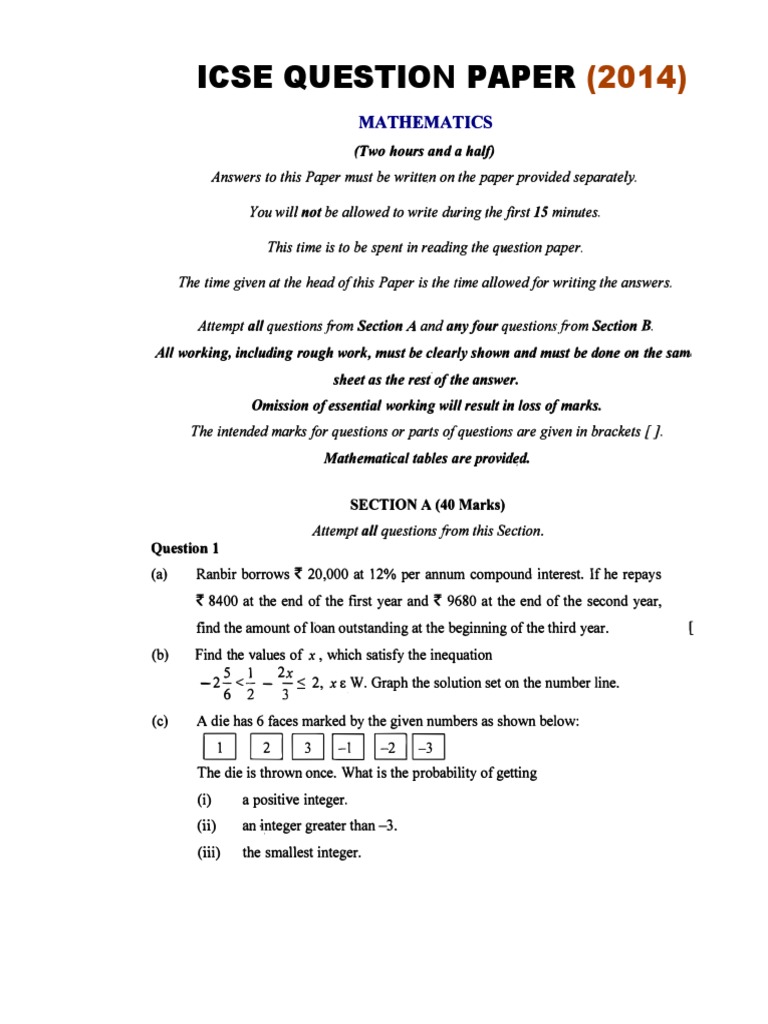 Icse-Question-Paper Solved Maths 2014 | PDF | Dividend | Area